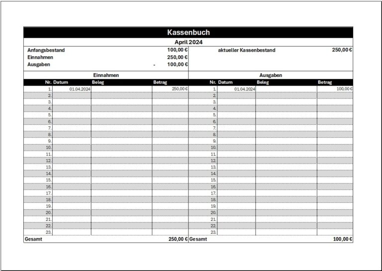 Kassenbuch | Excel Vorlage zum Herunterladen